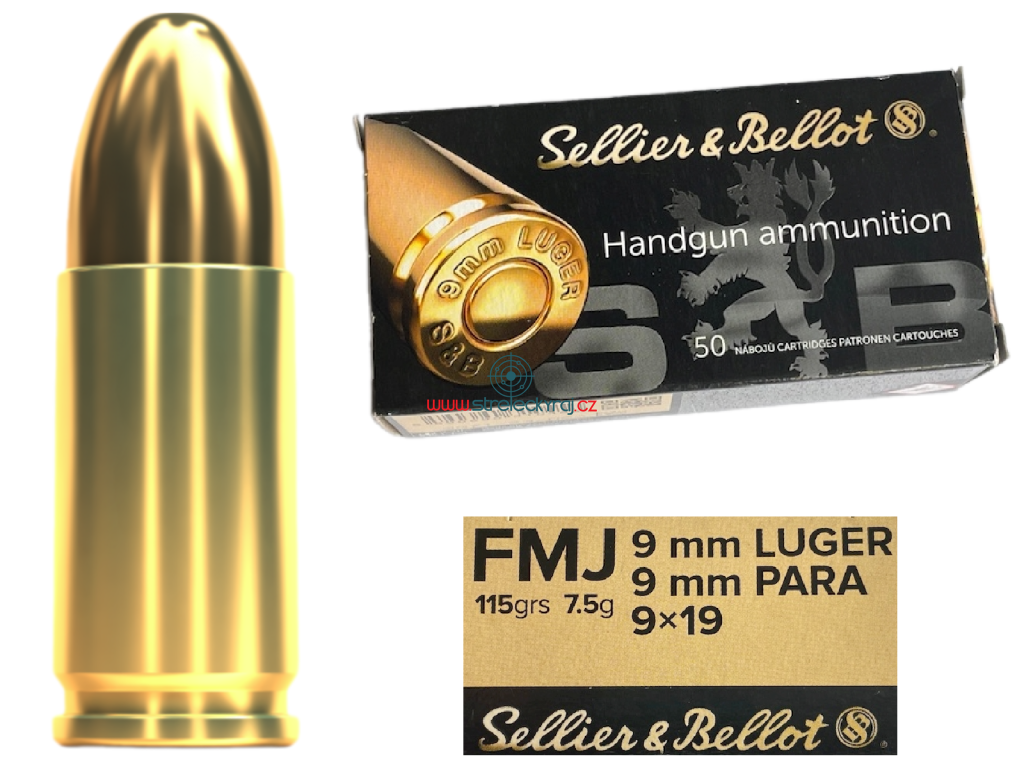 Pistolové náboje SB 9mm Luger FMJ 115grs 7,50g 50ks | streleckyraj.cz